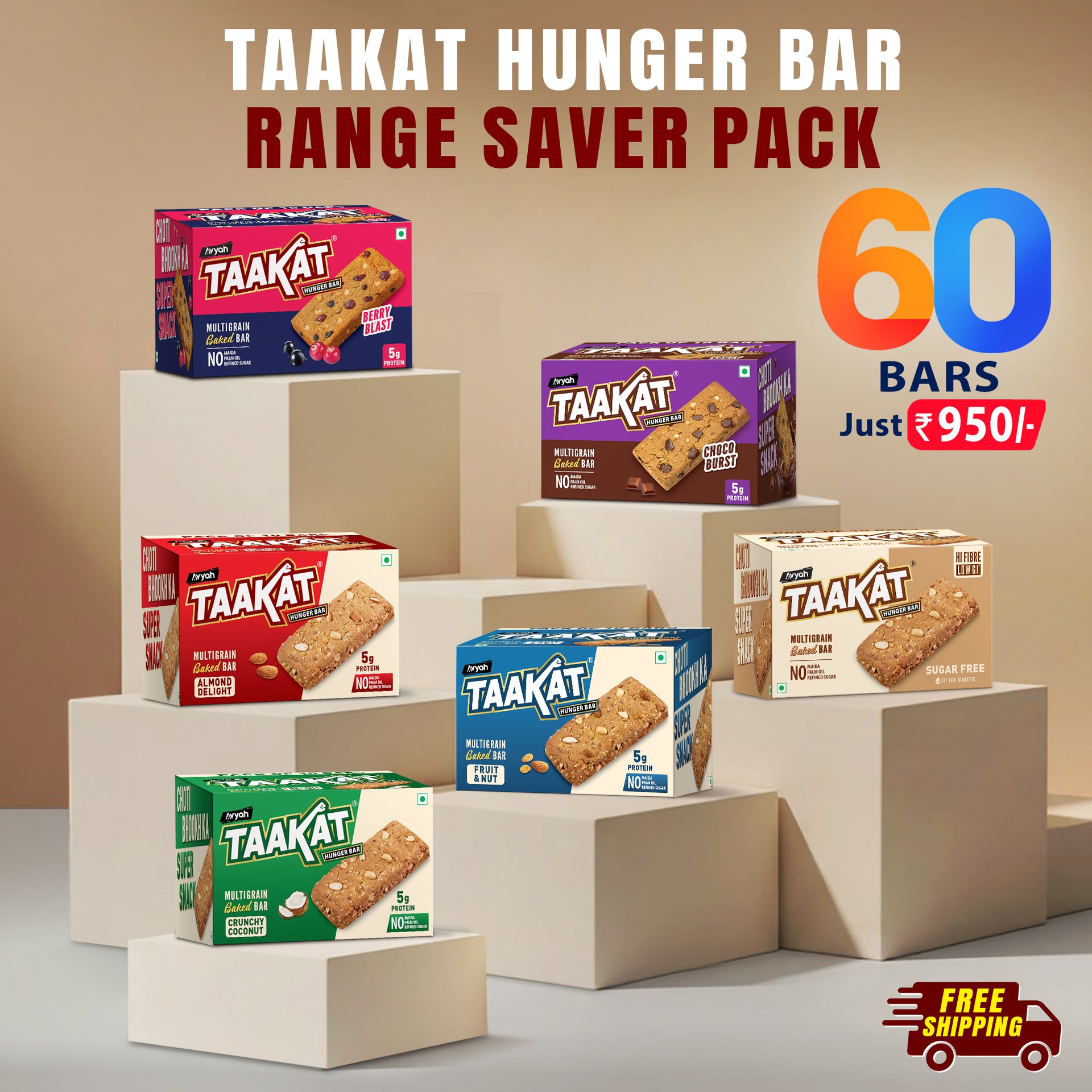 Taakat Hunger Bar Range Saver Pack - 60 Bars, 6 Flavors | Save ₹250 ...